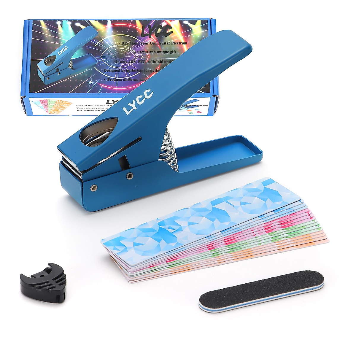 DIY Guitar Pick Punch luxury gift package the,Premium Guitar Pick Maker,16paddle clip Strips and a file for smoothing - blue