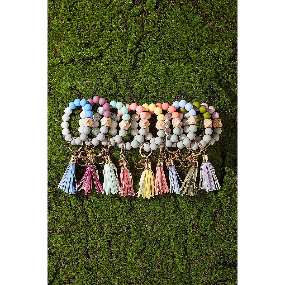 FindFun Women Silicone Beads Key Ring Chain Wristlet Keychain Bracelet Leather Tassel Bangle（Blue）