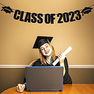 Class of 2023 Banner, 2023 Graduation Theme Party Decorations Supplies, Congrats Grad High School / College Graduate Bunting Sign, Black Glitter