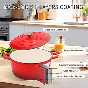 CookNexa 6 Quart Enameled Cast Iron Dutch Oven Pot with Lid and Silicone Accessories, Oven Safe up to 500°F or on Stovetop, Non-stick Dutch Oven for Bread Baking, Cooking, Dual Handles Cookware, Red