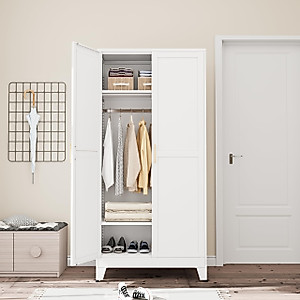 70.9" H Metal Armoire Wardrobe Closet, Adjustable Shelve, Clothes Drying Pole, Steel Wardrobe Cabinet for Bedroom (White)