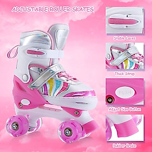 Kids Roller Skates Adjustable for Girls Boys Toddlers Youth, Pink 4 Size Adjustable Light Up Roller Skates for Size 11J todders to Size 7 Youth Women