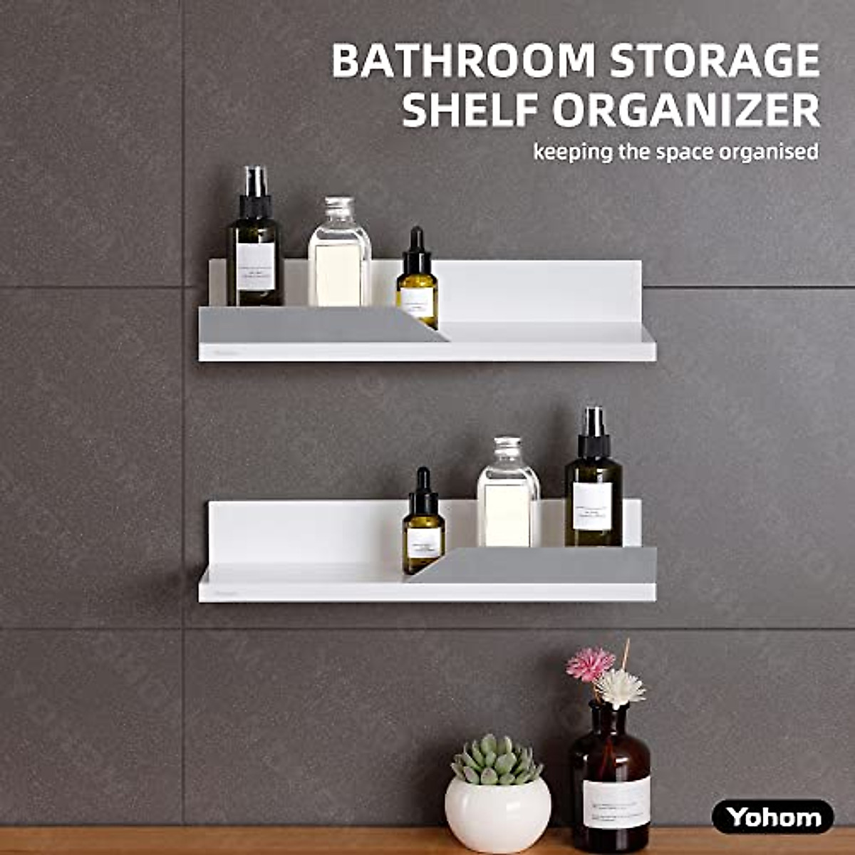 YOHOM White Adhesive Floating Shelf for Bathroom Tile Wall Stick on Shower Shelf Rack No Drilling Plastic Lightweight Shelf Organizer with Gray Guard