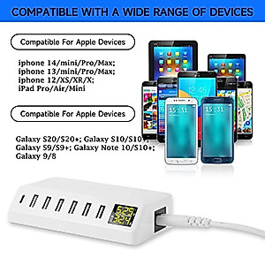 USB Charging Station, 60W/12A 7-Port USB Charger Station with LED Display for Multiple Devices PD20W USB C Charger for All iPad iPhone14/13/12 Pixel Galaxy Tablet Headphones and More (White)