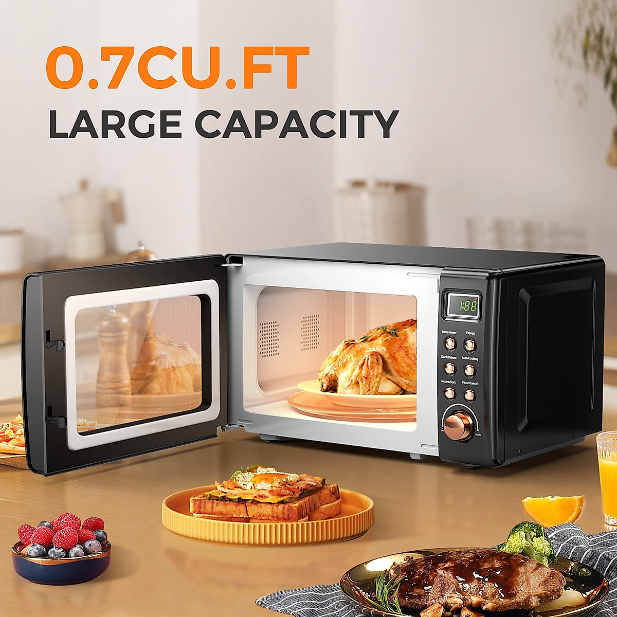 GLACER GT-23853GDEP Retro, Large 0.7Cu.ft, 700-Watt, Cold Rolled Steel Countertop with Time, Glass Turntable Plate, Pre-Programmed Cooking Settings, LED Display Microwave Oven, Rose Gold