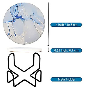 Coasters for Drinks, Absorbent Ceramic Stone Coaster Set with Metal Holder Stand, Drink Coasters with Cork Base, Housewarming Gifts for Home Decor, 4 Inches,Set of 6-Light Blue Marble