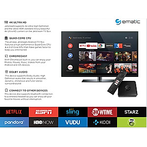 Ematic 4K Ultra HD Android TV Box with Built-in Chromecast + Netflix. Dual-Band Wi-fi (802.11AC) Model: AGT419