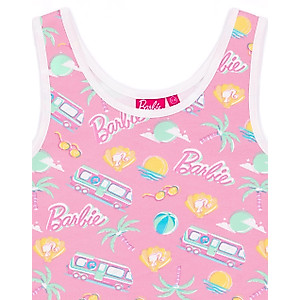 Barbie Girls 2 Piece Co-Ord | Kids Pink All Over Print Vest & Shorts Set | Palm Trees Sunglasses Summer Holiday Beach Daywear