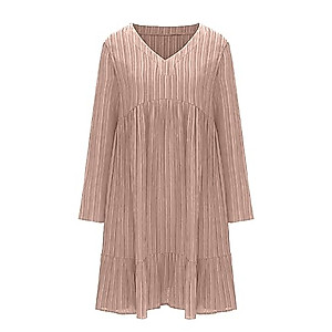 Dress with Pockets Retro 2023 2024 Vestidos para Mujer 2023 Casual Manga Larga vendaje Vestido Cuello en V Color sólido Vestido de Fiesta asimétrico WV3-Pink X-Large