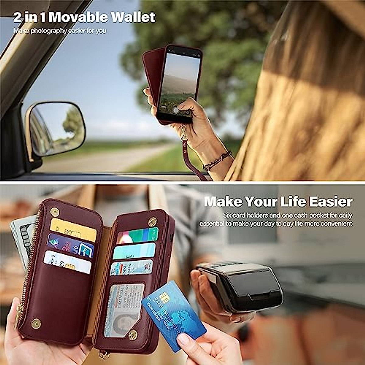 Antsturdy 2 in 1 Detachable for iPhone 13 iPhone 14 Wallet case with Magsafe,RFID Blocking Magnetic Wireless Charging PU Leather Phone case Flip Folio Cover Card Holder Women Men,Wine Red