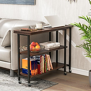 Giantex 360° Free Rotating Sofa Side Table, Mobile L-Shaped Laptop Desk with Sturdy Metal Frame, 6 Universal Casters, Movable Couch Snack Table with 2-Tier Storage Shelf for Home (Walnut)