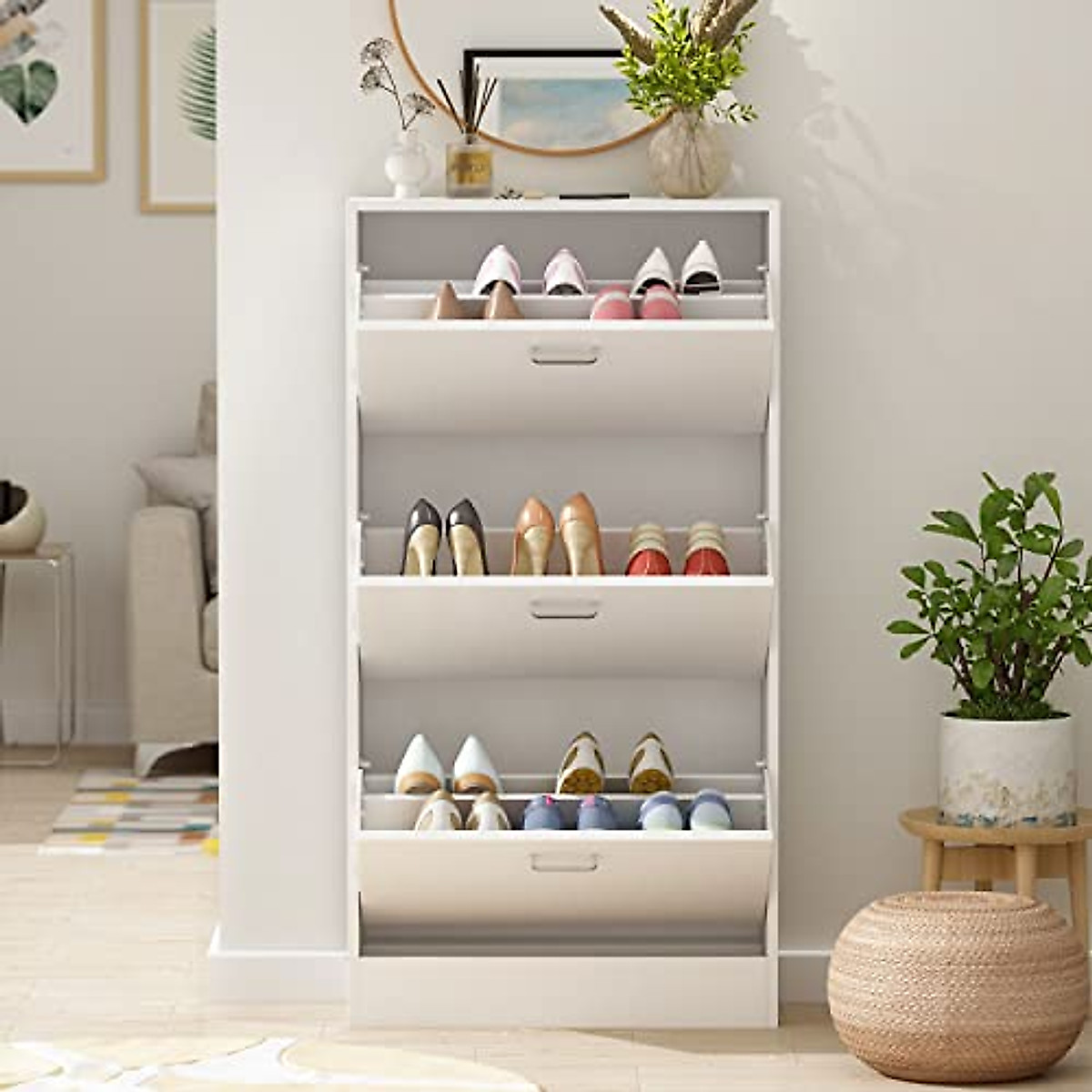 DiDuGo Tiny Shoe Cabinet with 3 Flip Drawers, Shoe Storage Cabinet for Entryway White (22.4”W x 9.4”D x 42.3”H)