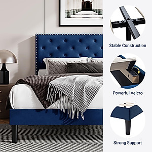 Allewie King Bed Frame, Velvet Upholstered Platform Bed with Adjustable Diamond Button Tufted & Nailhead Trim Headboard, Wood Slat Support, Easy Assembly, No Box Spring Needed, Navy Blue