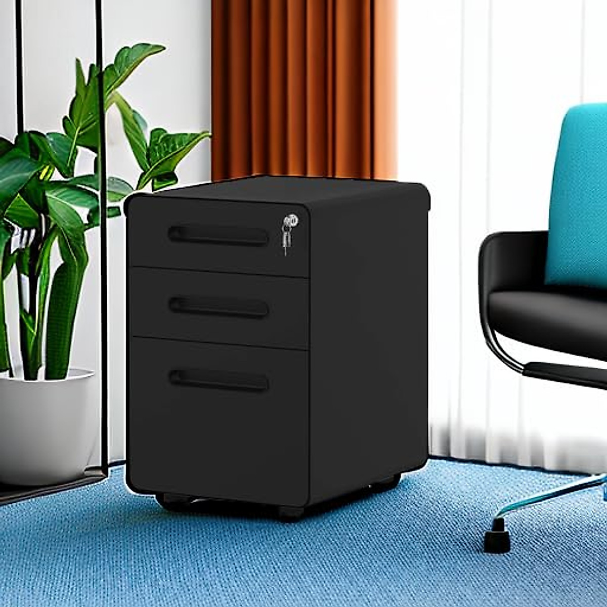 YITAHOME 3-Drawer Rolling File Cabinet, Metal Mobile File Cabinet with Lock, Filing Cabinet Under Desk fits Legal/Letter/A4 Size for Home/Office, Fully Assembled-Black