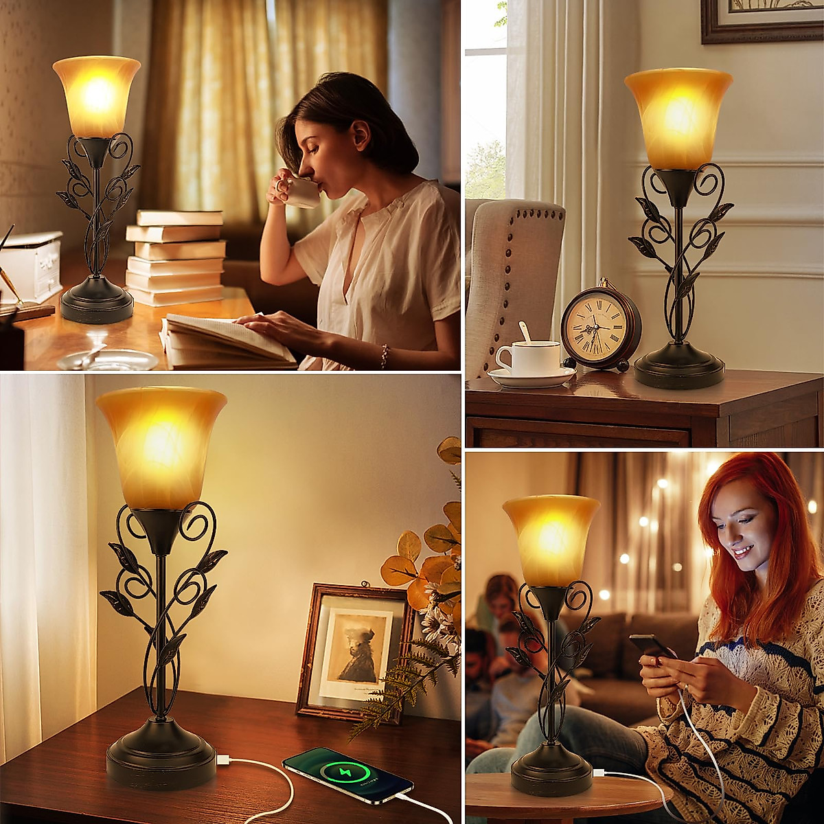 Touch Table Lamps for Bedroom, Bedside Lamps with USB Ports, 3-Way Dimmable Decorative Nightstand Lamp Rustic Leaf Torchiere Glass Flower Lamp for Living Room Dresser (Bulbs Included)