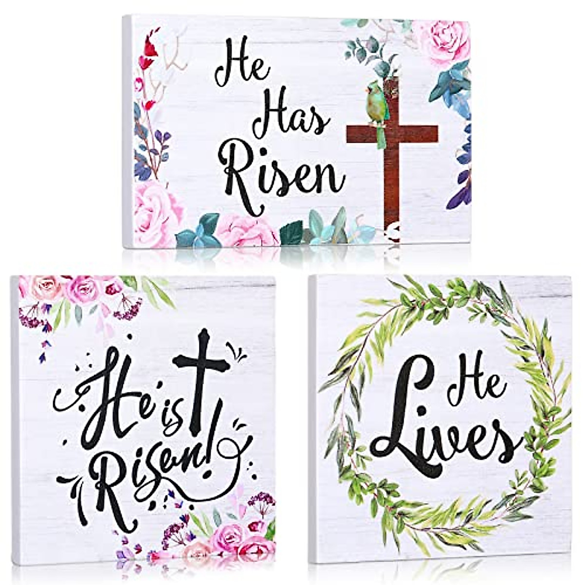 3 Pieces Easter Christian Table Decorations Signs He Is Risen Decor Wooden Inspirational Tiered Tray Block Signs Easter Spring Table Centerpieces He Lives Tabletop Decor for Holidays Home