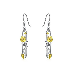 Sunflower Dangle Earrings, 925 Sterling Silver Rectangle Vine Sunflower Drop Earrings,You Are My Sunshine Leverback Earrings Dainty Sunflower Jewelry Gift for Women