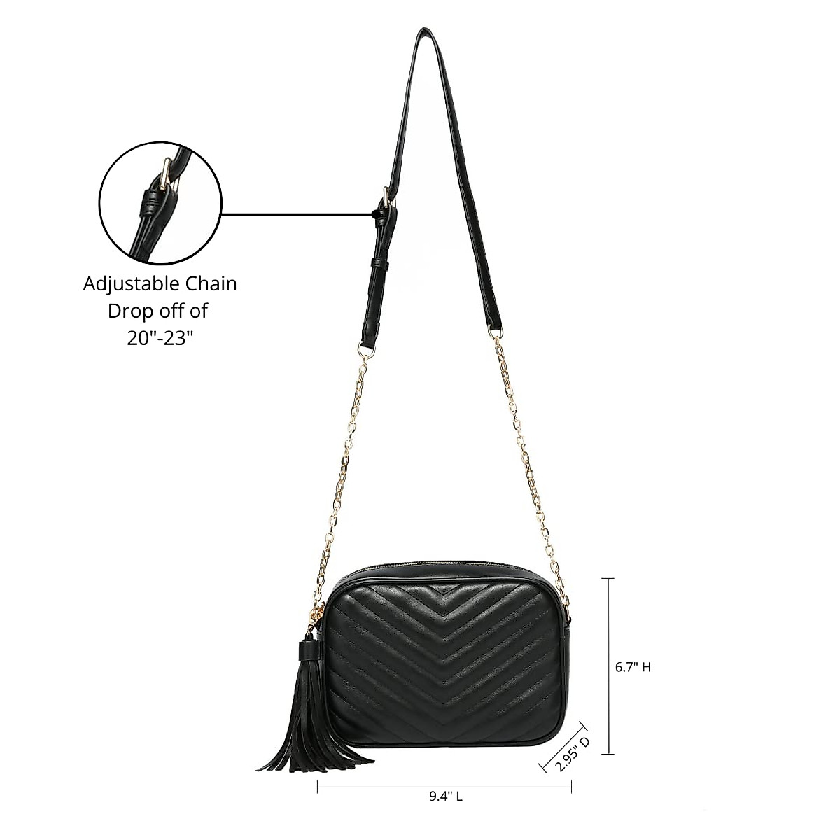 Daisy Rose Quilted Chevron Shoulder Cross Body Bag & Detachable Tassel, PU Vegan Leather - Black