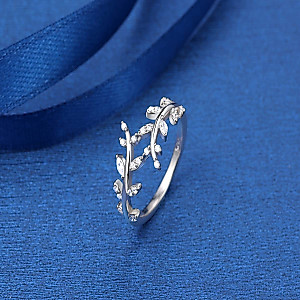 SILBERTALE Olive Branch Ring for Women 925 Sterling Silver 14K White Gold plated thin Paved CZ Cubic Zirconia Thumb Pinky Wrap Around leaf Ring Promise Stackbale Band Size 7