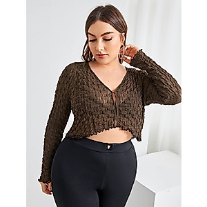 Floerns Women's Plus Size V Neck Lettuce Trim Long Sleeve Mesh Crop Top T Shirt Brown 2XL