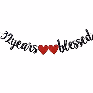 32 Years Blessed Banner,Pre-Strung, Black Paper Glitter Party Decorations For 32ND Wedding Anniversary 32 Years Old 32ND Birthday Party Supplies Letters Black ZHAOFEIHN