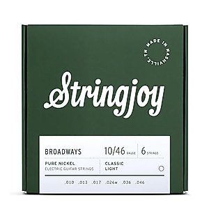 Stringjoy BR1046 Broadways Electric Pure Nickel Guitar Strings, 10-46 Classic Light Gauge, Durable, Guitar Strings for Enhanced Tone & Smooth Play, Electric Guitar Strings 6 String Set