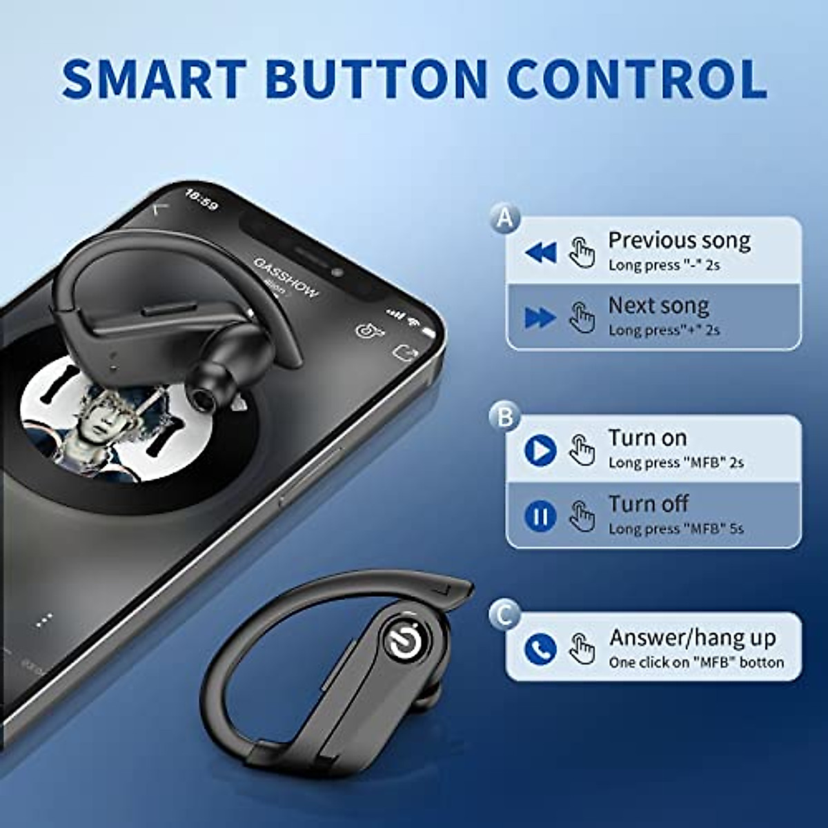 Wireless Earbuds Bluetooth Ear Buds with Mic, 72H Wireless Headphones Bluetooth 5.3 Sport Earbuds Digital LED Display, IPX7 Waterproof Over Ear Earphones with Hooks for Sports Running Workout Gym