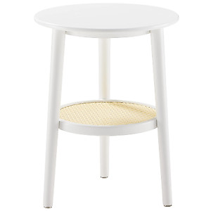 Apicizon 2 Tier Round Side Table, White Rattan Nightstand Bedside Table with Storage, Boho End Table for Living Room, Bedroom, Small Spaces, Easy Assembly, 15 x 19.3 Inches