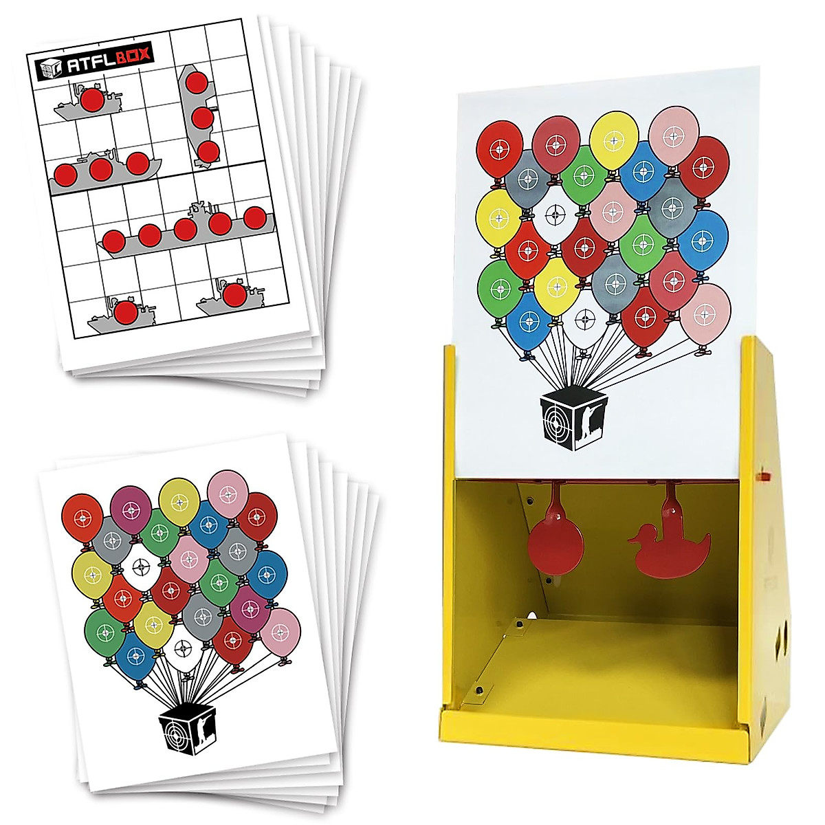 ATFLBOX BB Trap Target with 20pcs 7'' X 9'' Paper Targets and 2 Metal Silhouettes Spinner Shooting Targets for Airsoft, Rifle, Pellet Gun, Airgun