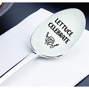 Funny Let Us Celebrate Spoon Hilarious Gifts For Vegan Veggie Food Lovers | Lettuce Celebrate Salad Quote Engraved Spoon With Lettuce Vegetable Icon | Sarcastic Birthday Gifts For Vegetarian Friends