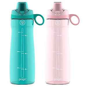 Pogo 32oz Plastic Resuable Water Bottle 2-Pack with Chug Lid and Carry Handle, BPA Free, Sport and Travel Friendly, Dishwasher Safe, Aquaviva/Pink Satin
