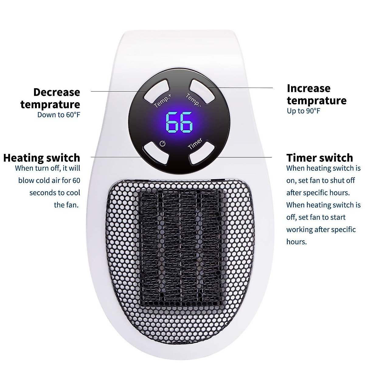 Wall Space Heater 350W&450W Remote Portable Electric Heater with Programmable Adjustable Thermostat, Overheat Protection, Precise LED Display, CSA Certification Safe Heater for Office Dorm Room