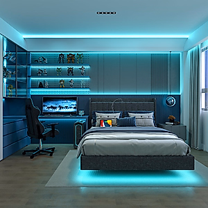 Saudism Upholstered Bed Frame with Storage Headboard, USB Ports, LED Lights - Queen Size, Floating, Noise-Free, Dark Grey