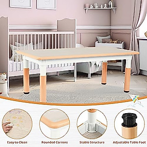 Arlopu Kids Table and 6 Chairs Set, Height Adjustable Graffiti Table, Preschool Activity Art Craft Table, for Daycare Classroom Home Boys and Girls Age 3-12 (Beige)