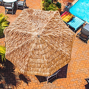 KITADIN 10FT Patio Umbrella Thatched Tiki Outdoor Umbrella with Plug Tropical Hawaiian Style Grass Beach Umbrella with Crank Lift Natural (No Base)