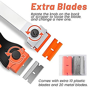 Razor Blade Scraper, 2 PCS Razor Scraper Tool for Removing Label, Registration Sticker, Tint, Grease from Windshield, Appliance, Glass (Extra 20 Metal and 10 Plastic Blades)