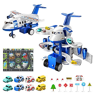 TEMI Kids Airplane Toys Race Tracks Car Toys for 3 4 5 6 7 Boys - Transport Airplane Adventures Car Toys for Toddler Age 2-6 with 8 City Cars, Garage Parking Lot Playmat, Birthday Gifts for Girls