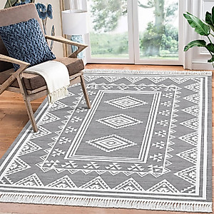 RUGSREAL Large Living Room Rug 8x10 Washable Boho Accent Area Rug with Tassel Moroccan Bordered Non-Slip Stain Resistant Floor Cover Farmhouse Geometric Tribal Carpet for Bedroom Nursery, Grey