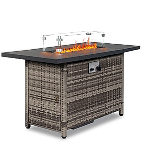 Vasitelan Fire Pit Propane Gas FirePit Table 43" Outdoor Fire Pit Rectangular Tabletop with Lid, Rain Cover, Tempered Glass Wind Guard for Outside Garden Backyard Deck Patio (Style 1)