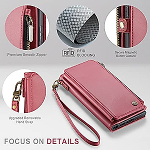Defencase Compatible with Samsung Galaxy S23 Plus Case Wallet with Card Holder for Women Men, PU Leather Magnetic Snap Flip Zipper Strap Phone Case Fit for Galaxy S23 Plus 5G 6.6", Rose Red
