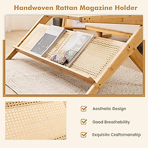 Giantex Boho Rattan Coffee Table, Bamboo Center Table W/Handwoven Rattan Rack & Tempered Glass Tabletop, Z-Shaped Design Accent Table for Living Room, Bedroom, 48" L x 19" W