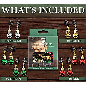 BEARDAMENTS Beard Ornaments - The Original 12pc Colorful Christmas Facial Hair Baubles for Men in the Holiday Spirit, Easy Attach Mini Mustache, Sideburns, Festive Red, Green, Gold, Silver Mix