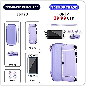 RHOTALL Solid Color with Sakura Embossing Carrying Case for Nintendo Switch OLED, Potable Case for Switch OLED with Soft Case, Screen Protector, 4 Thumb Caps, Wrist band and Shoulder strap - Purple