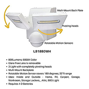 IQ America LB1880WH Motion Security Flood Light, Battery Operated Motion Sensor, 800 Lumen LED, Wall or Eave Soffitt Universal Mount Indoor Outdoor Closet Shed Attic Workshop Garage Grill Light WH