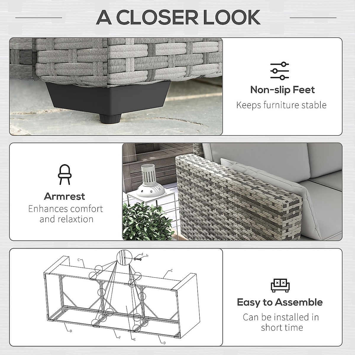 Wicker Patio Couch, PE Rattan 3-Seat Sofa, Outdoor Furniture with Deep Seating, Cushions, Steel Frame, Gray