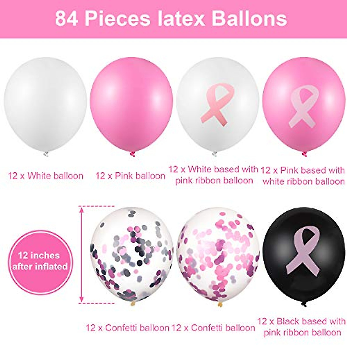 84 Pieces Pink Ribbon Balloons Breast Cancer Awareness Balloons Transparent Confetti Glitter Balloons Set for Party Decoration