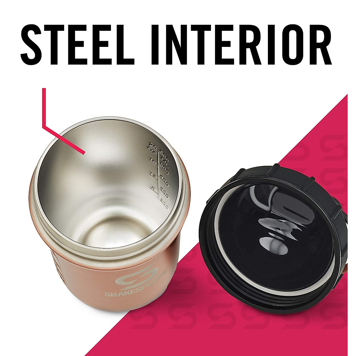 SHAKESPHERE Tumbler STEEL: Protein Shaker Bottle Keeps Hot Drinks HOT & Cold Drinks COLD, 24 oz. No Blending Ball or Whisk Needed, Easy Clean Up Great for Shakes, Smoothies (Matte-Black)