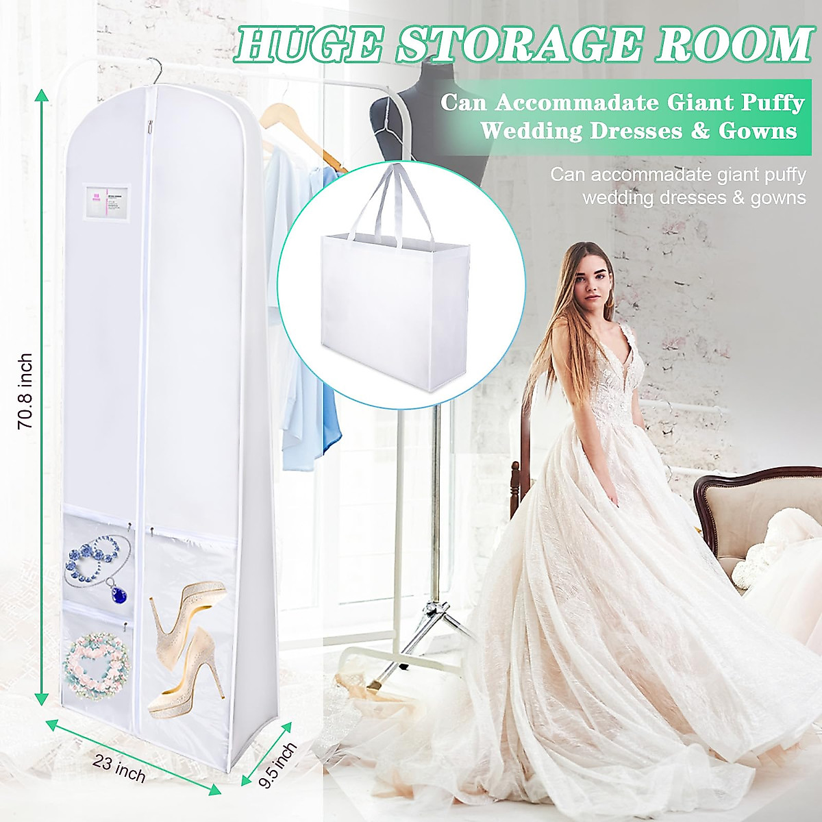 Hiitytin 70" Wedding Dress Garment Bag with 10'' Gusseted Dress Bags & Bride Tote Bag, 3 Pockets Garment Bag for Wedding Dress, Gown Garment Bag for Long Dresses, Prom Gown Bags, Bride Bag, White (1)