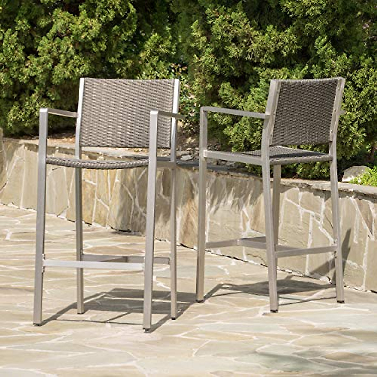 Christopher Knight Home Cape Coral Outdoor Wicker Bar Stools, 2-Pcs Set, Grey