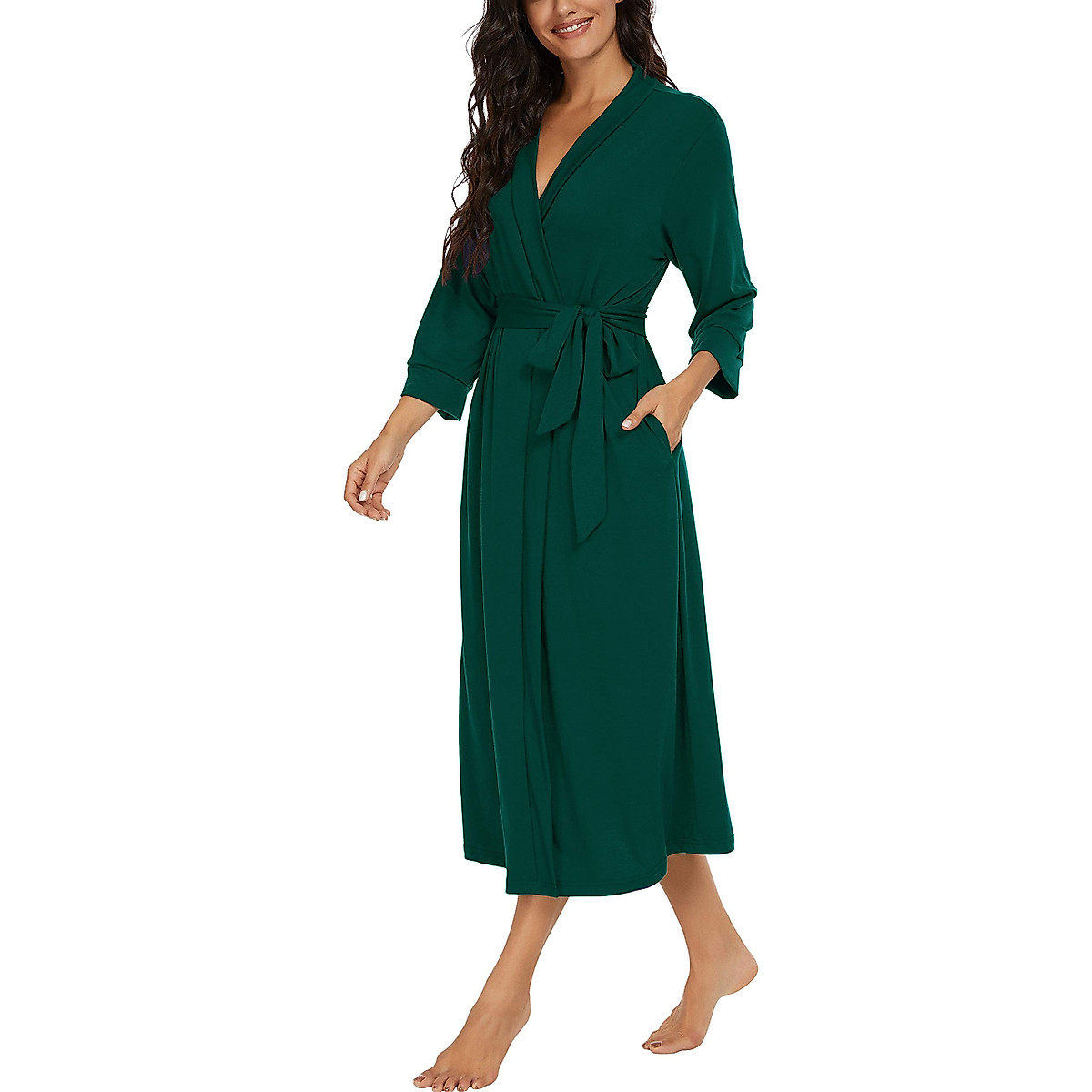 VINTATRE Women Kimono Robes Long Knit Bathrobe Lightweight Soft Knit Sleepwear V-neck Casual Ladies Loungewear Dark Green-X-Large